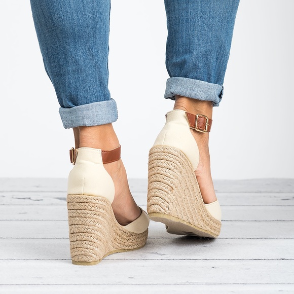 SunnyMia | Shoes | Beige Peep Toe Wedges | Poshmark